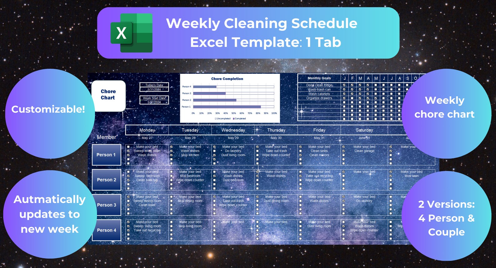 Cleaning Schedule Chore Chart Galaxy Theme Excel Spreadsheet Template ...