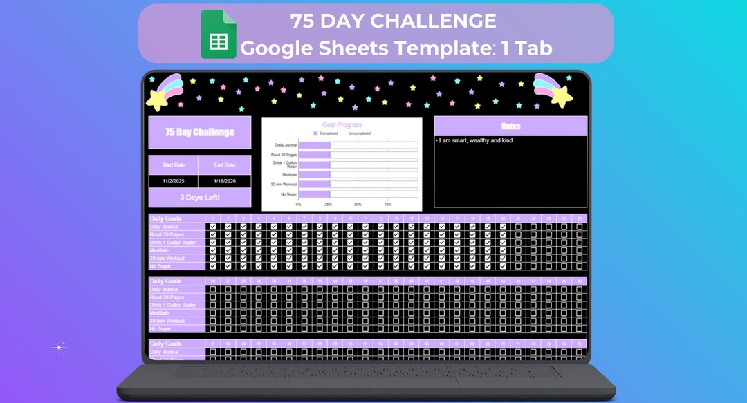 75 Day Challenge Tracker Google Sheets Template Black Yumei Kawaii ...