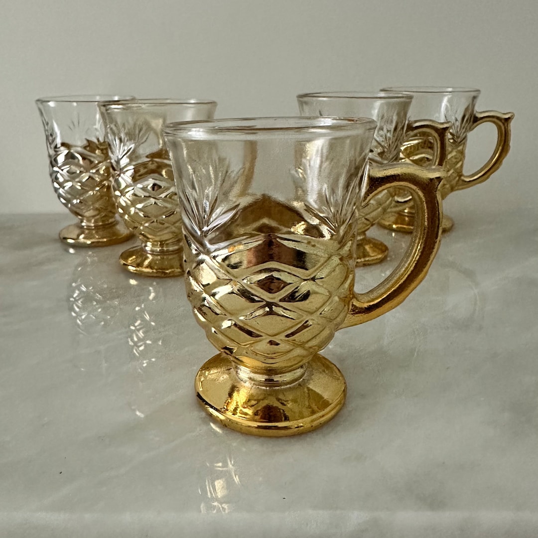 Unique Set of Vintage Pineapple Cut Glass and Gold Espresso or Tea Cups ...