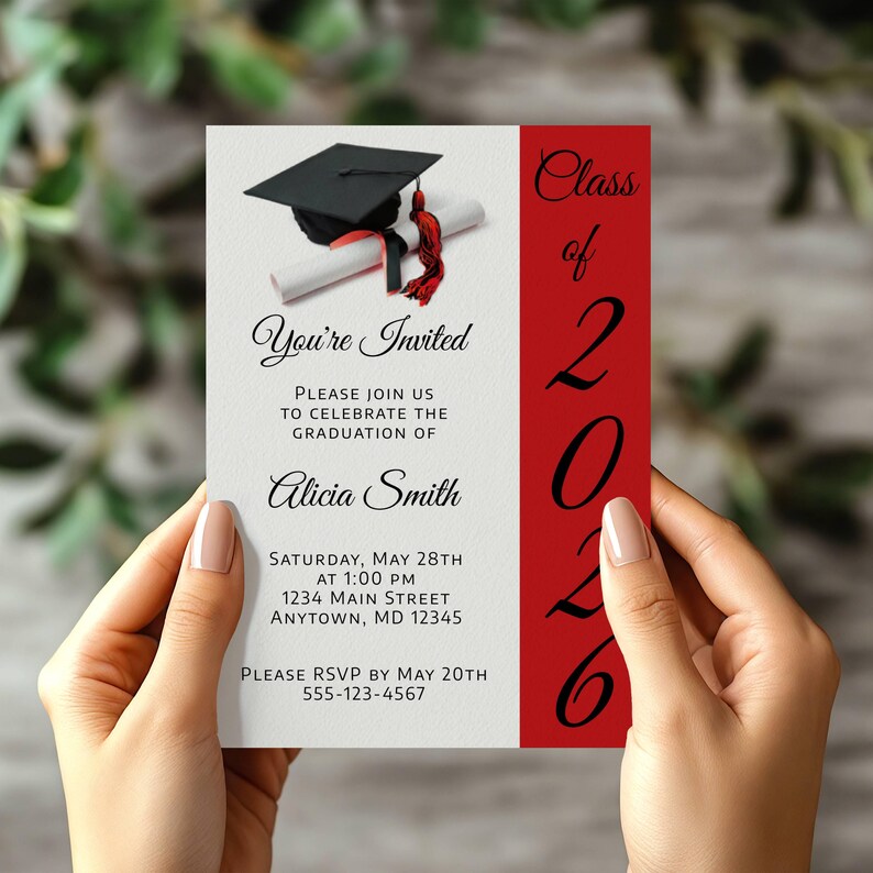 Red and Black Graduation Invitation, Class of 2026 (editable 5x7), 0021 ...