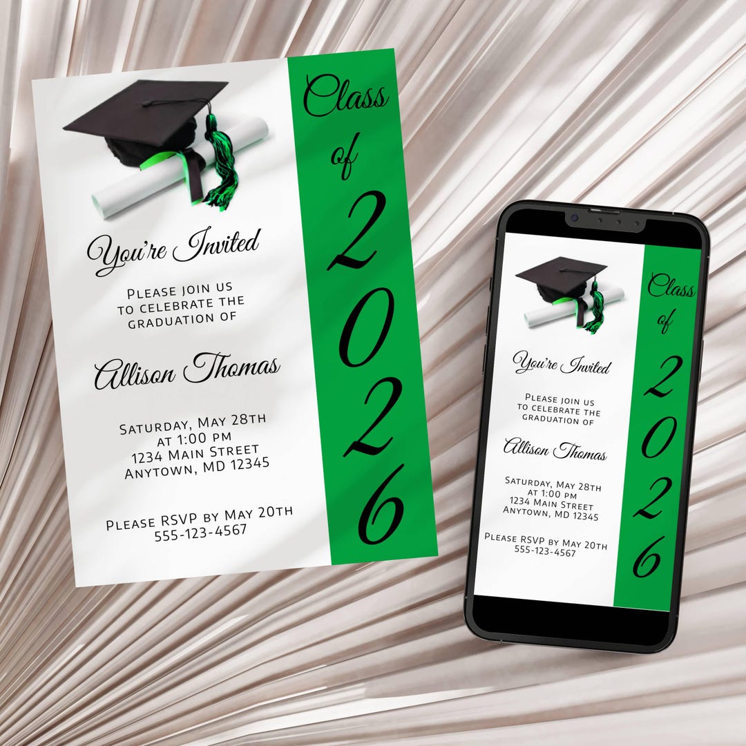 Black and Green Graduation Invitation, Class of 2026 (editable 5x7 ...