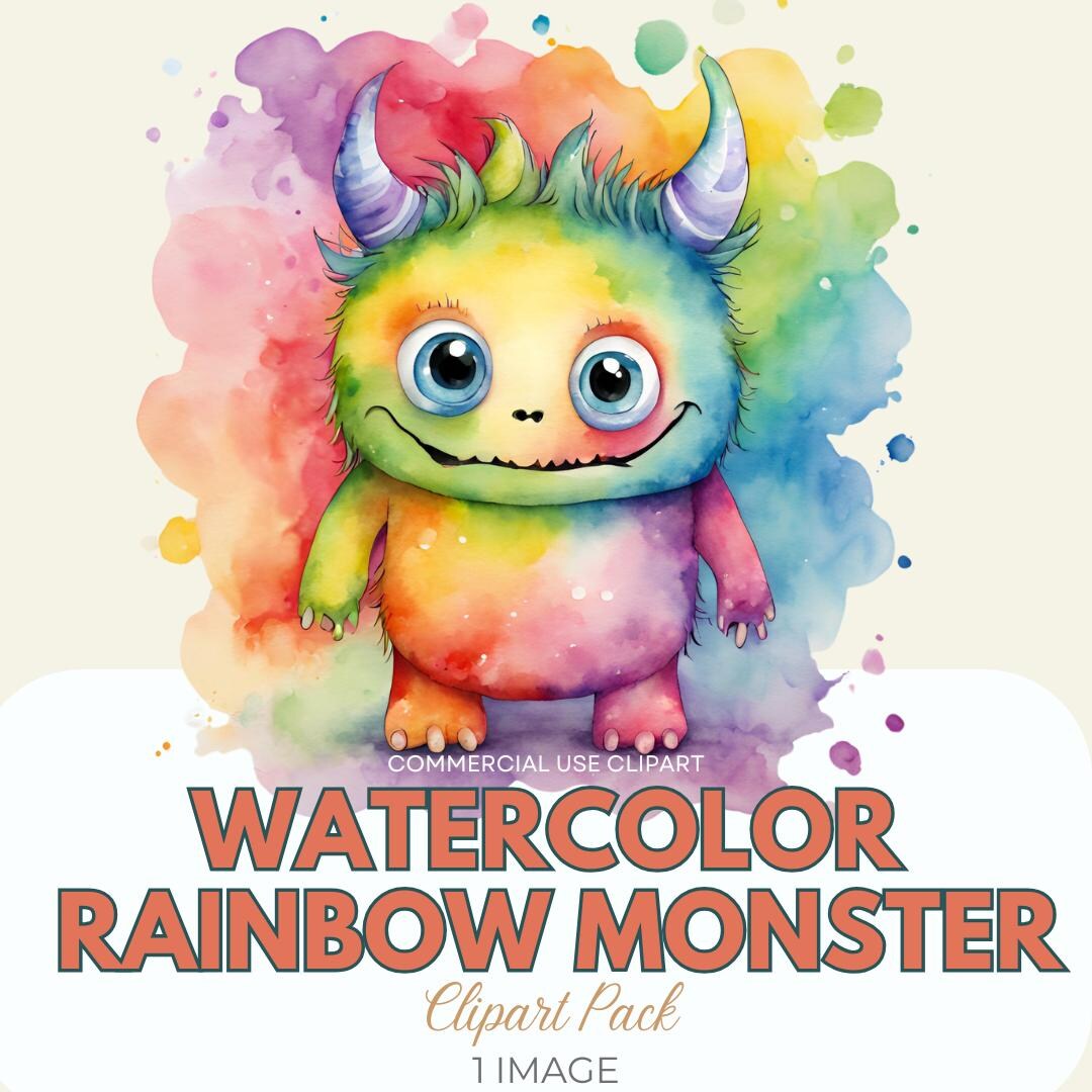 Rainbow Watercolor Little Monster Clipart | SINGLE IMAGE | Commercial ...