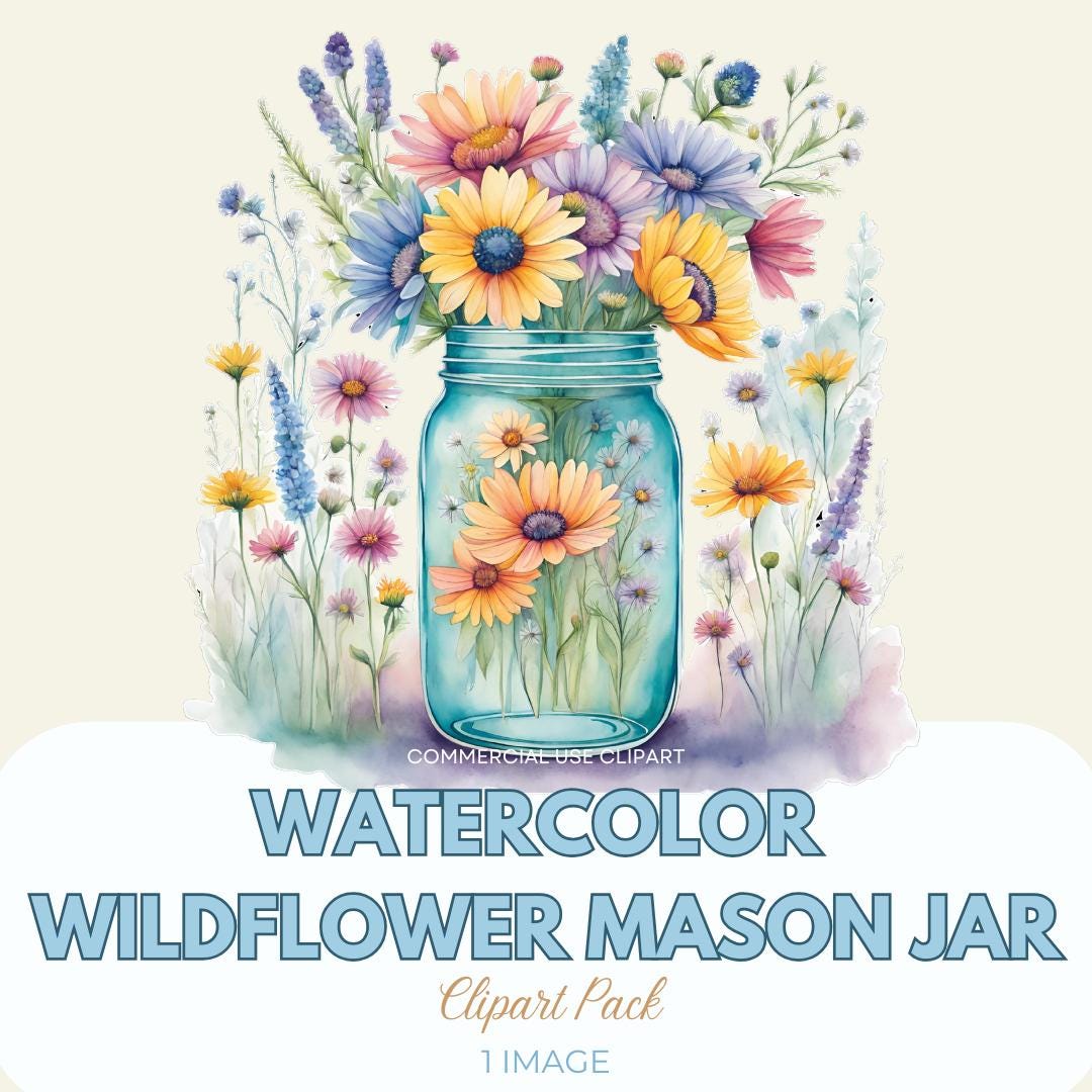 Mason Jar Wildflowers Watercolor Clipart | Transparent PNG | Wedding ...