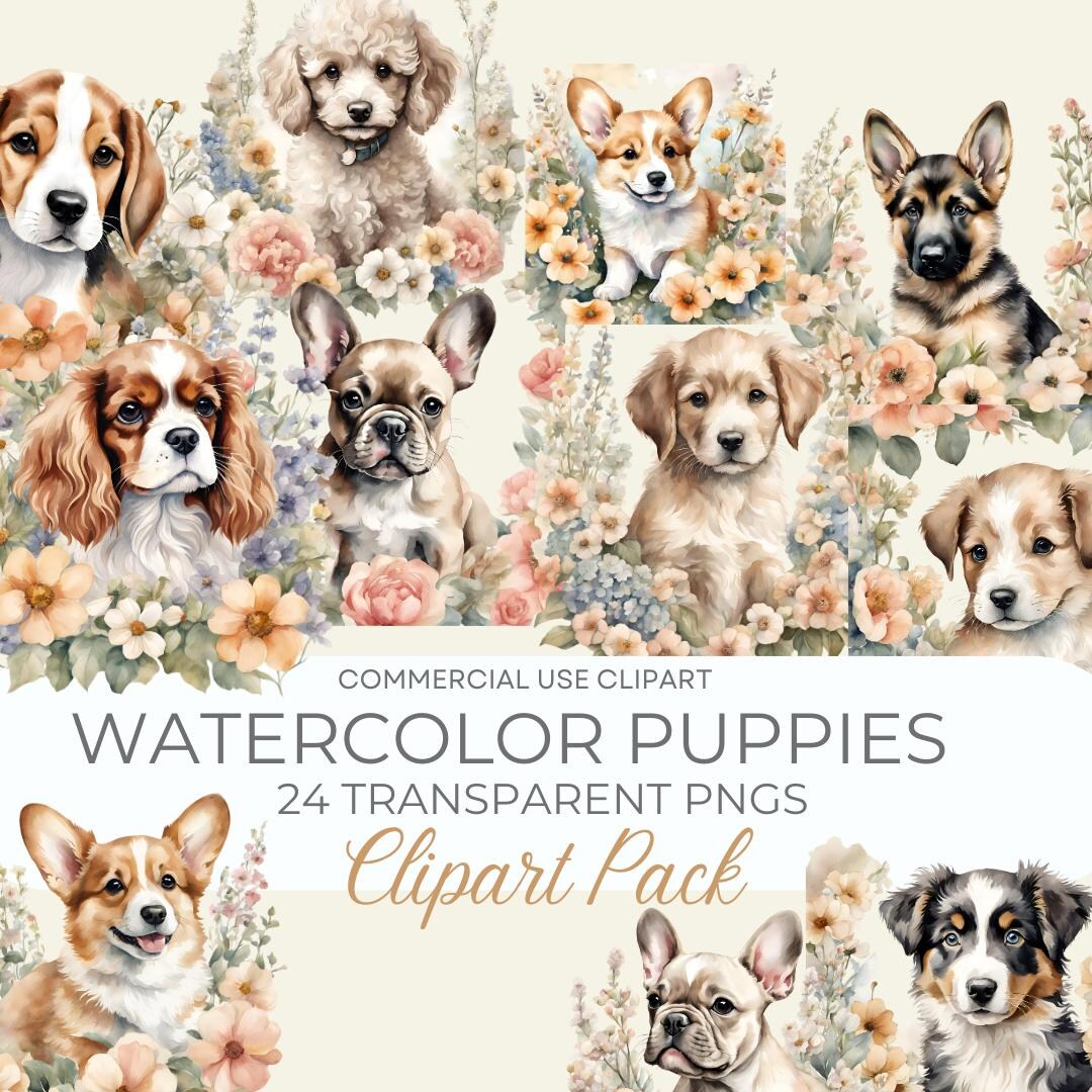 Watercolor Puppies Clipart: Dog Breeds Pngs (commercial Use) - Etsy