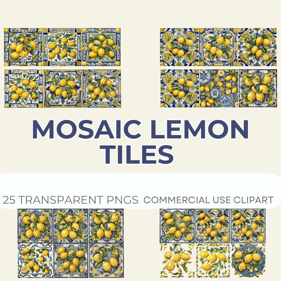 25 Mosaic Lemon Tile Designs: Mediterranean Digital Art (PNG) - Etsy