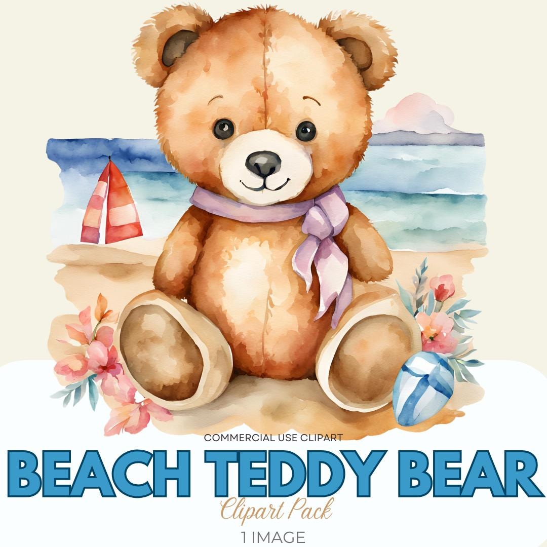 Watercolor Teddy Bear Clipart: Beach Scene PNG (commercial Use) - Etsy