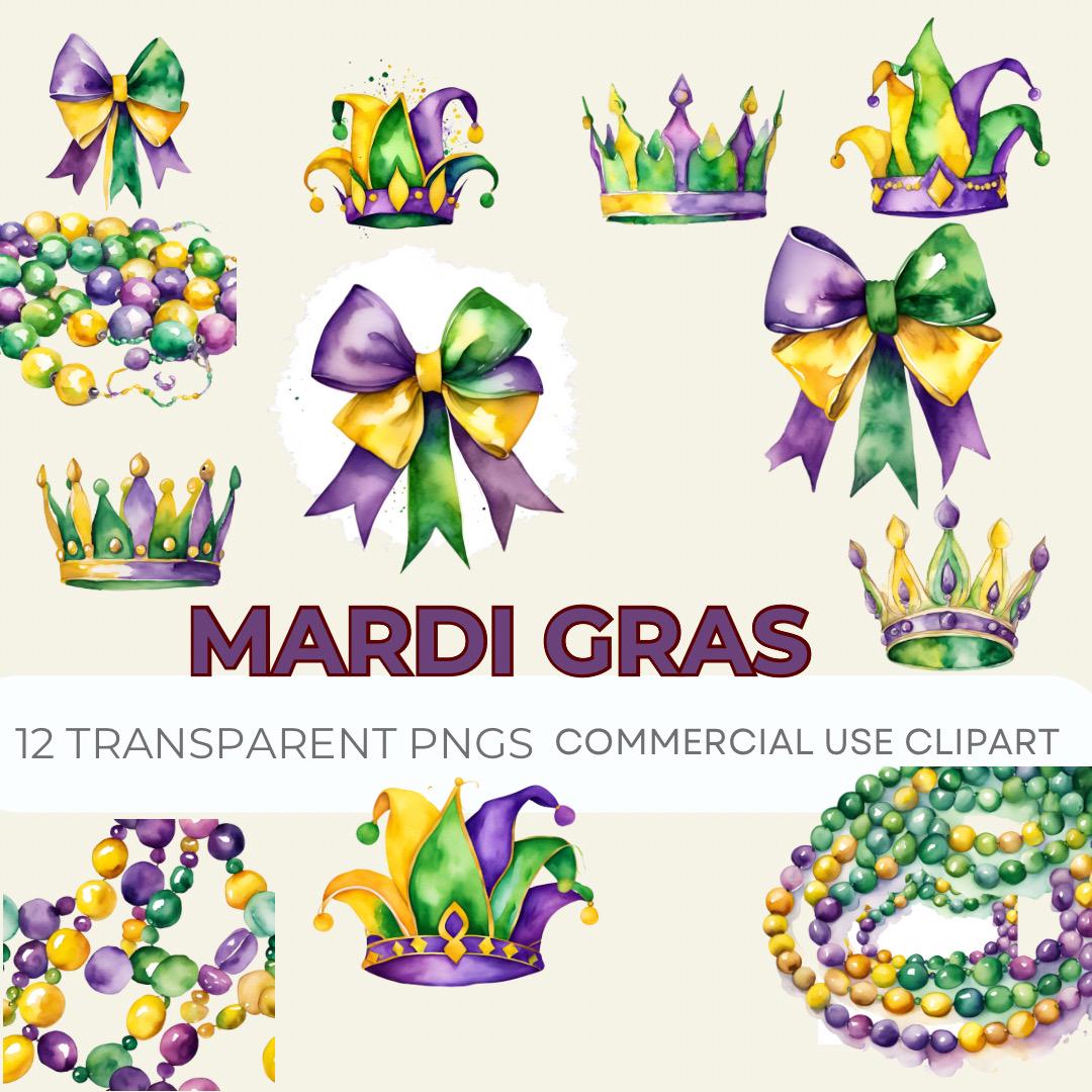 Mardi Gras Clipart: Jester Hat, Crown, Bow & Beads (PNG Graphics) - Etsy
