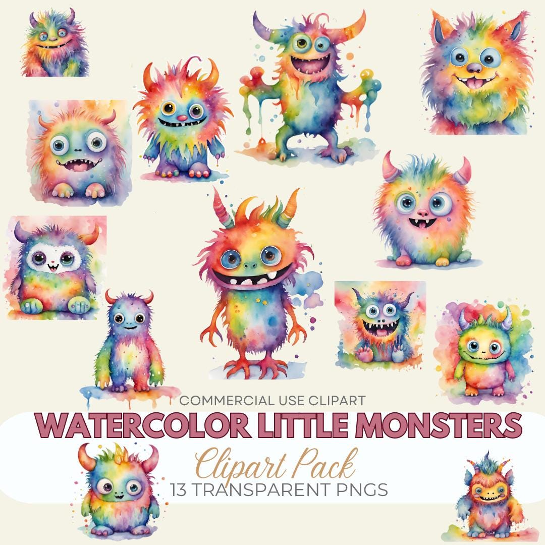 Commercial Use Watercolor Monster Clipart Pack | 13 Transparent Pngs ...