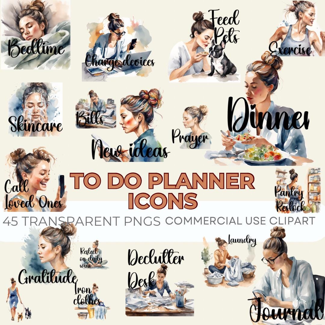 45 Daily Planner Icons Clipart | 45 PNG Digital Graphics for PLR ...