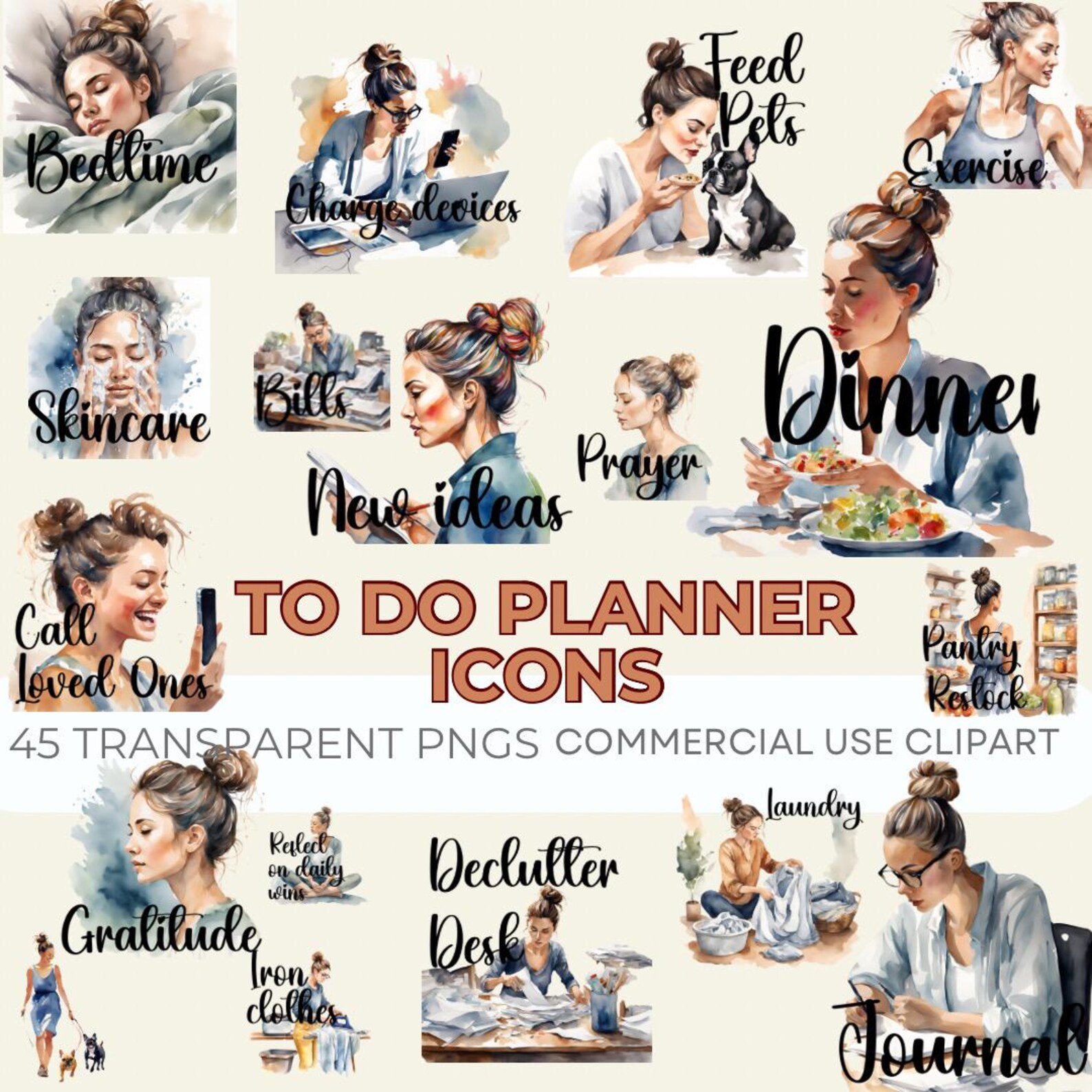 45 Daily Planner Icons Clipart | 45 PNG Digital Graphics for PLR ...