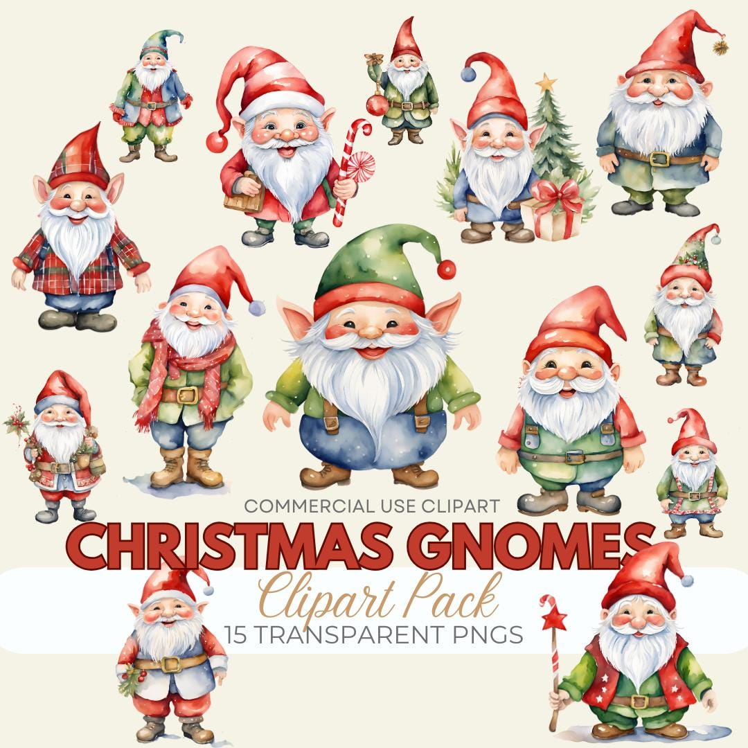 Watercolor Christmas Gnomes Clipart: Holiday PNG Art (commercial Use ...