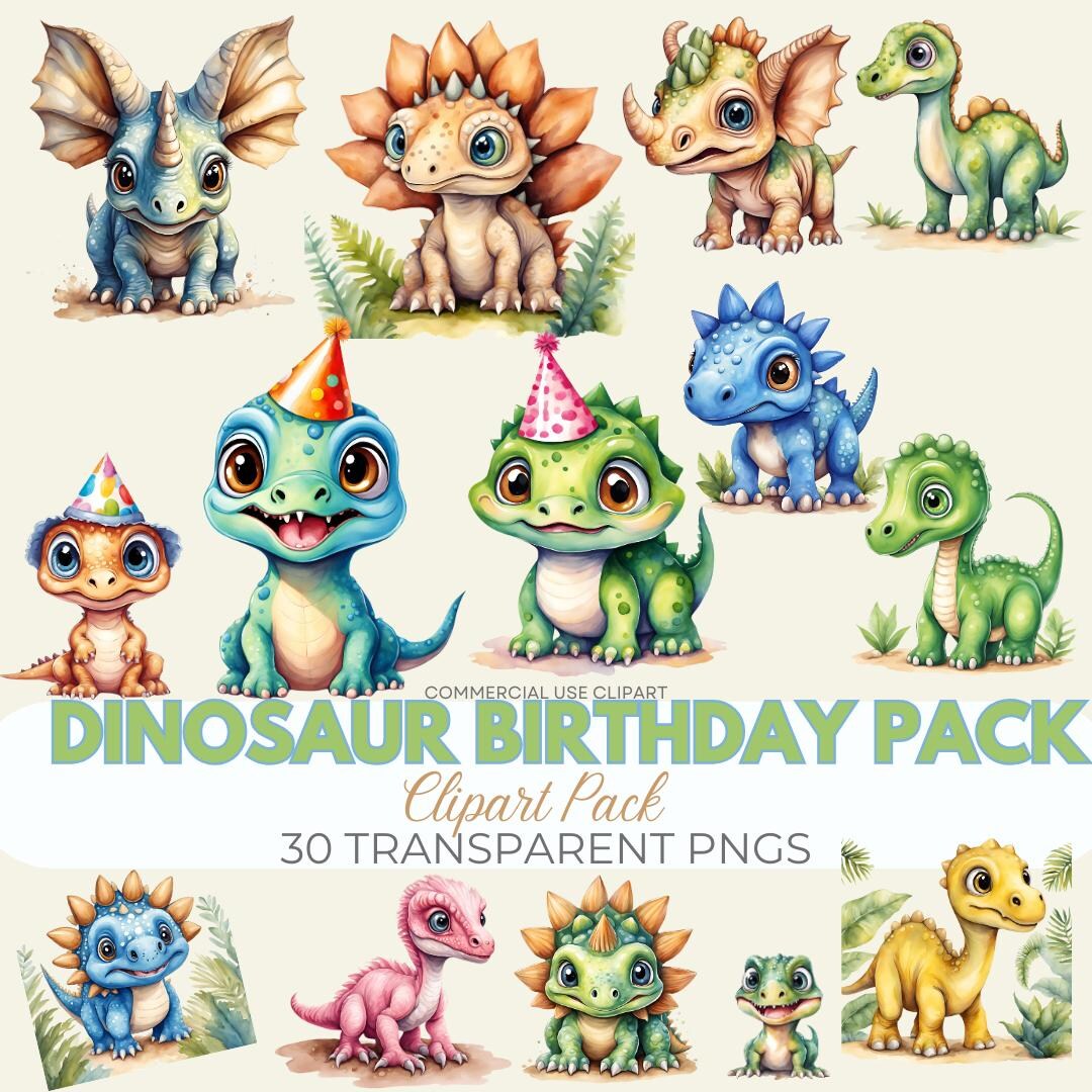 Watercolor Dinosaur Birthday Clipart: 30 PNG Party Graphics (commercial ...