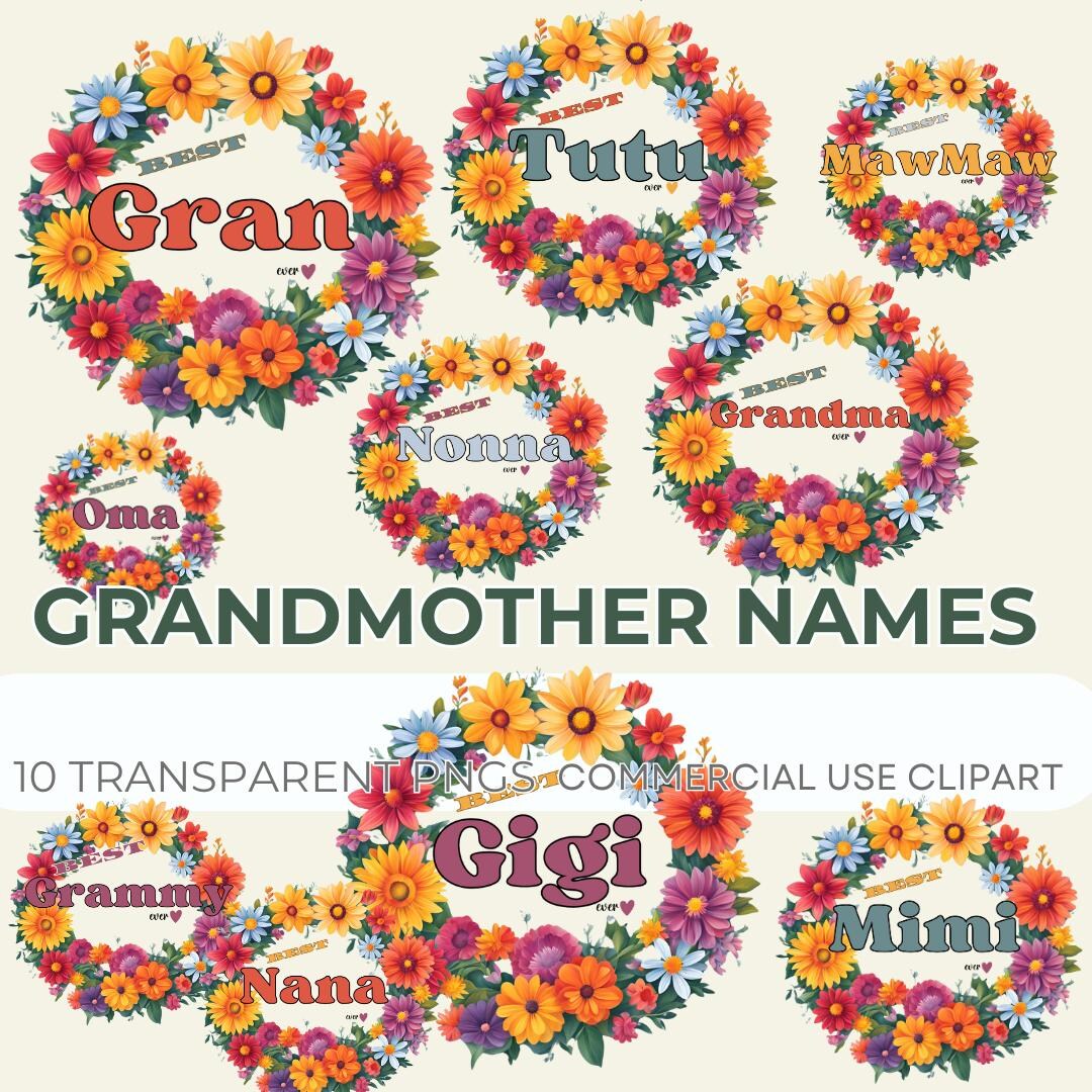 Floral Grandmother Names Clipart Bundle: Mother's Day PNG Designs ...