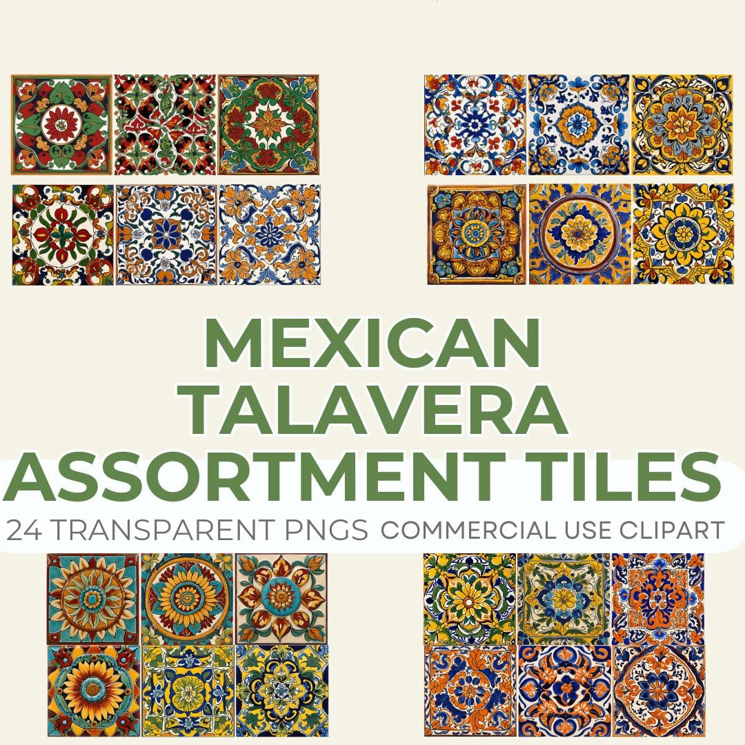 24 Mexican Talavera Tile Clipart Assortment – Inspired Hand-painted ...