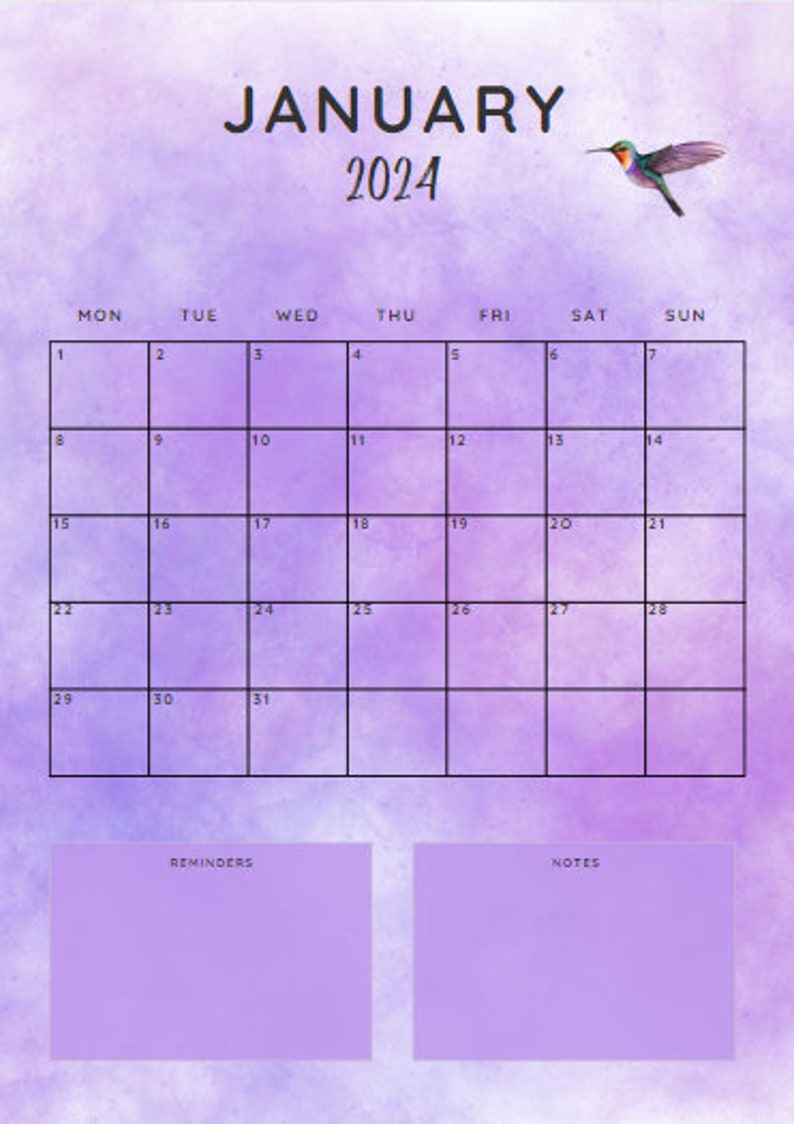 Printable Hummingbird Calendar - Etsy
