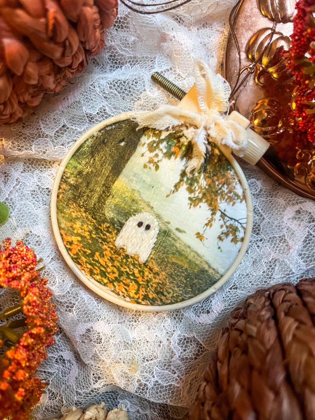 Cozy Ghost Autumn Finished Embroidery Hoop | Hand Embroidered Mixed ...