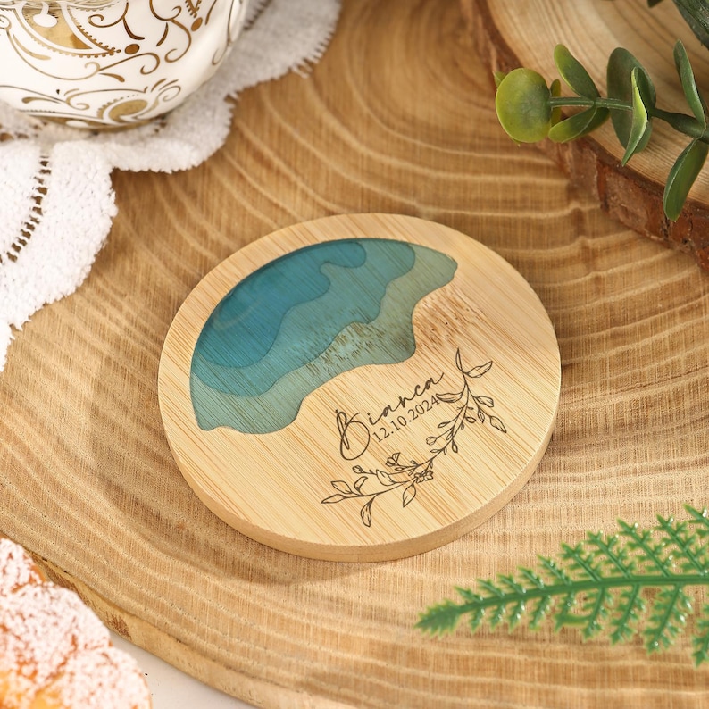 Ocean Wave Turquoise Epoxy Bamboo Coasters, Personalized Coasters ...