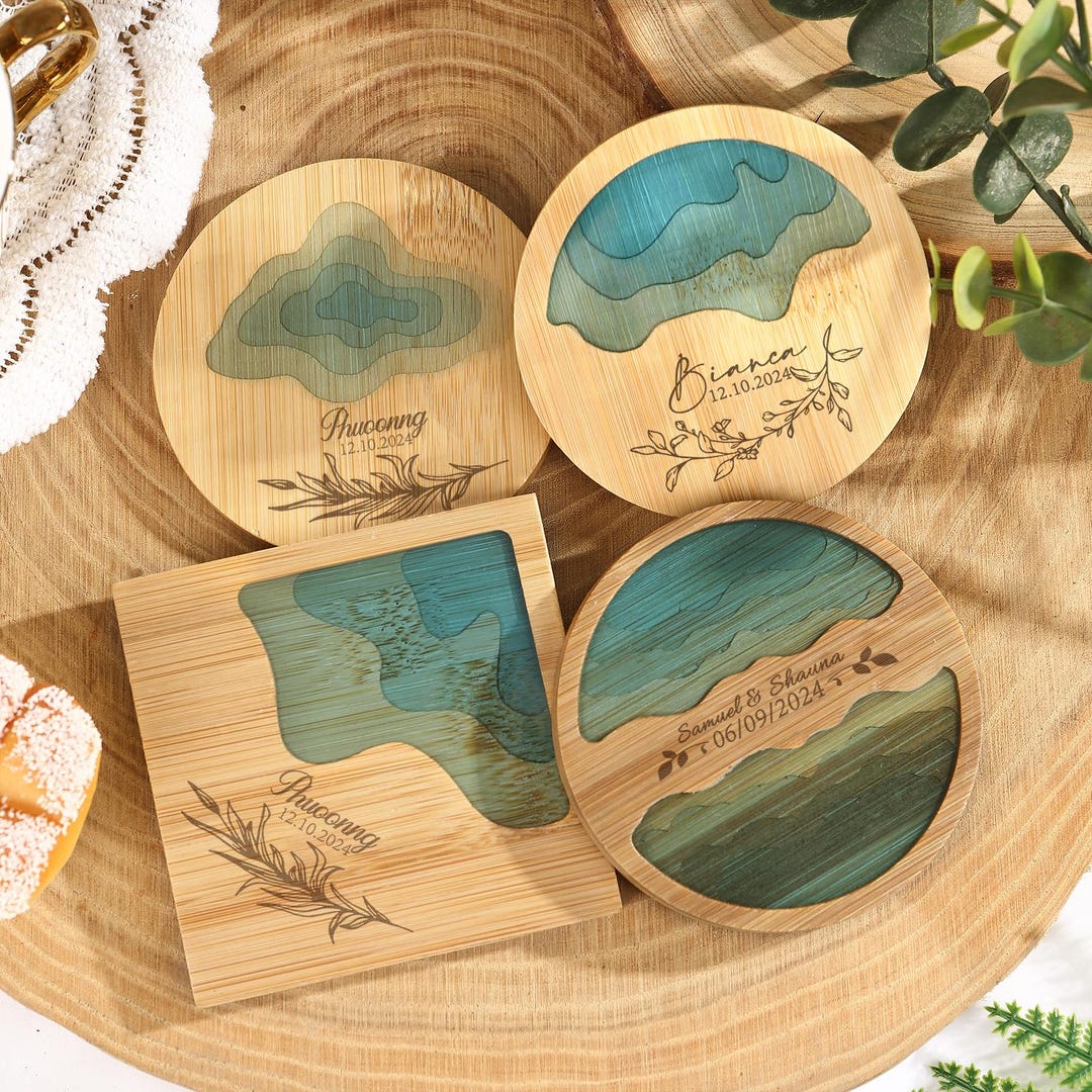 Ocean Wave Turquoise Epoxy Bamboo Coasters, Personalized Coasters ...