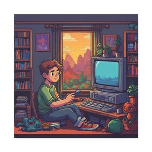 Man Playing Computer Pixel Art Matte Canvas, Stretched, 1.25 - Etsy