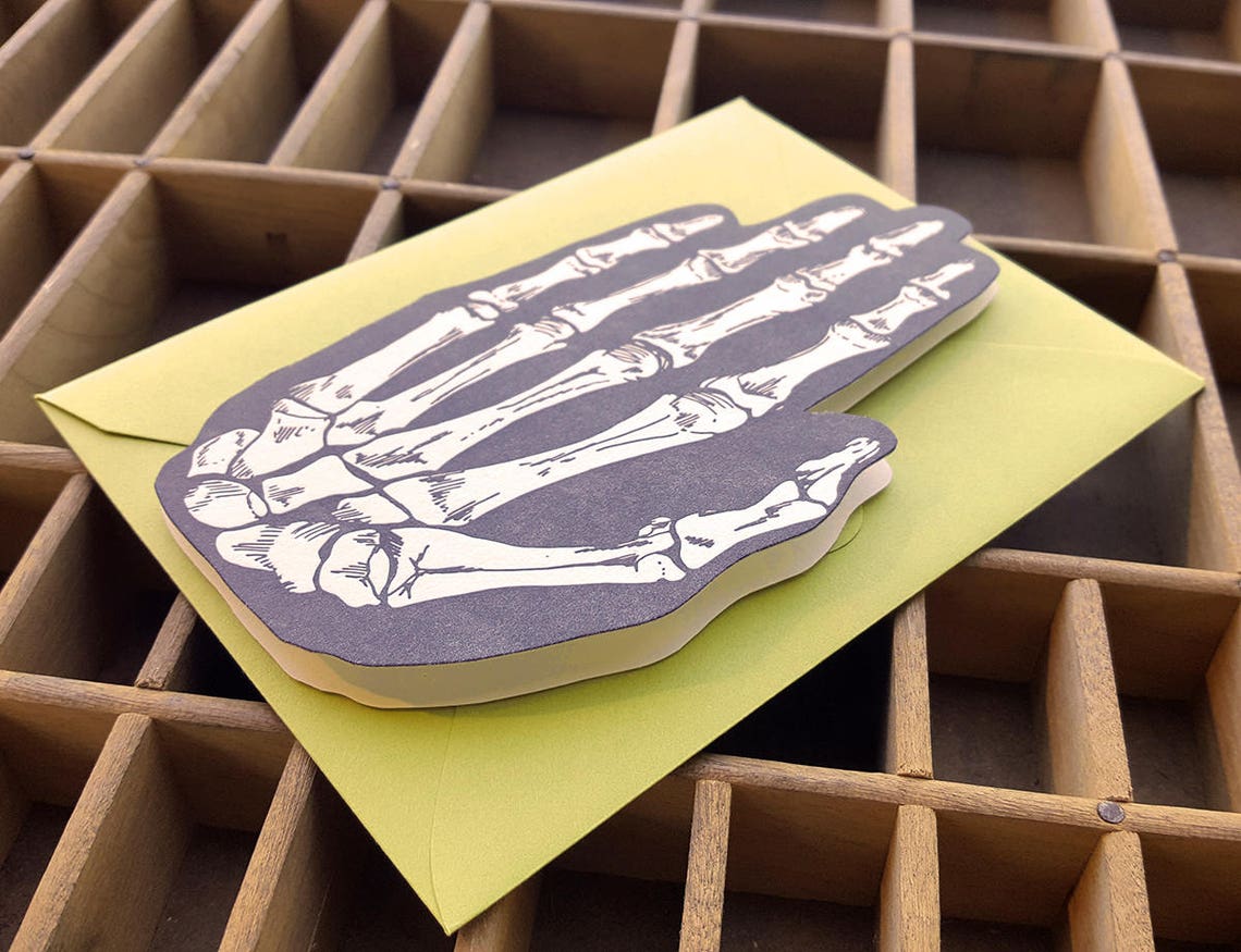Letterpress Skeleton Hand Shaped Card - Etsy