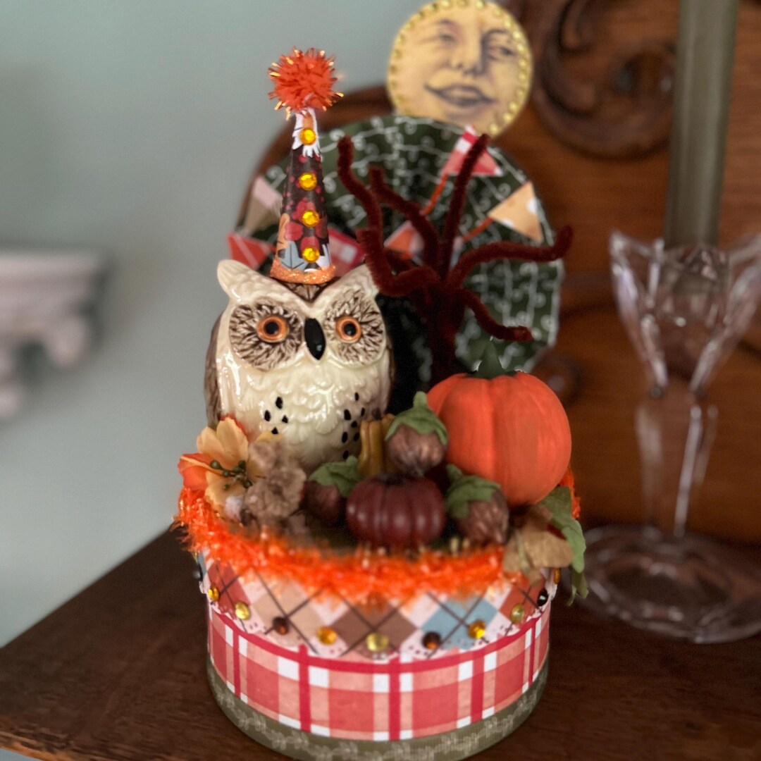 Autumn Diorama Box With Kitsch Halloween Owl Figurine Assemblage Art ...