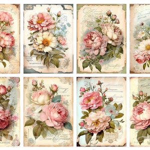 Set of Eight 2.3x3 Watercolor Shabby Chic Garden Roses #1 Cotton FABRIC ...