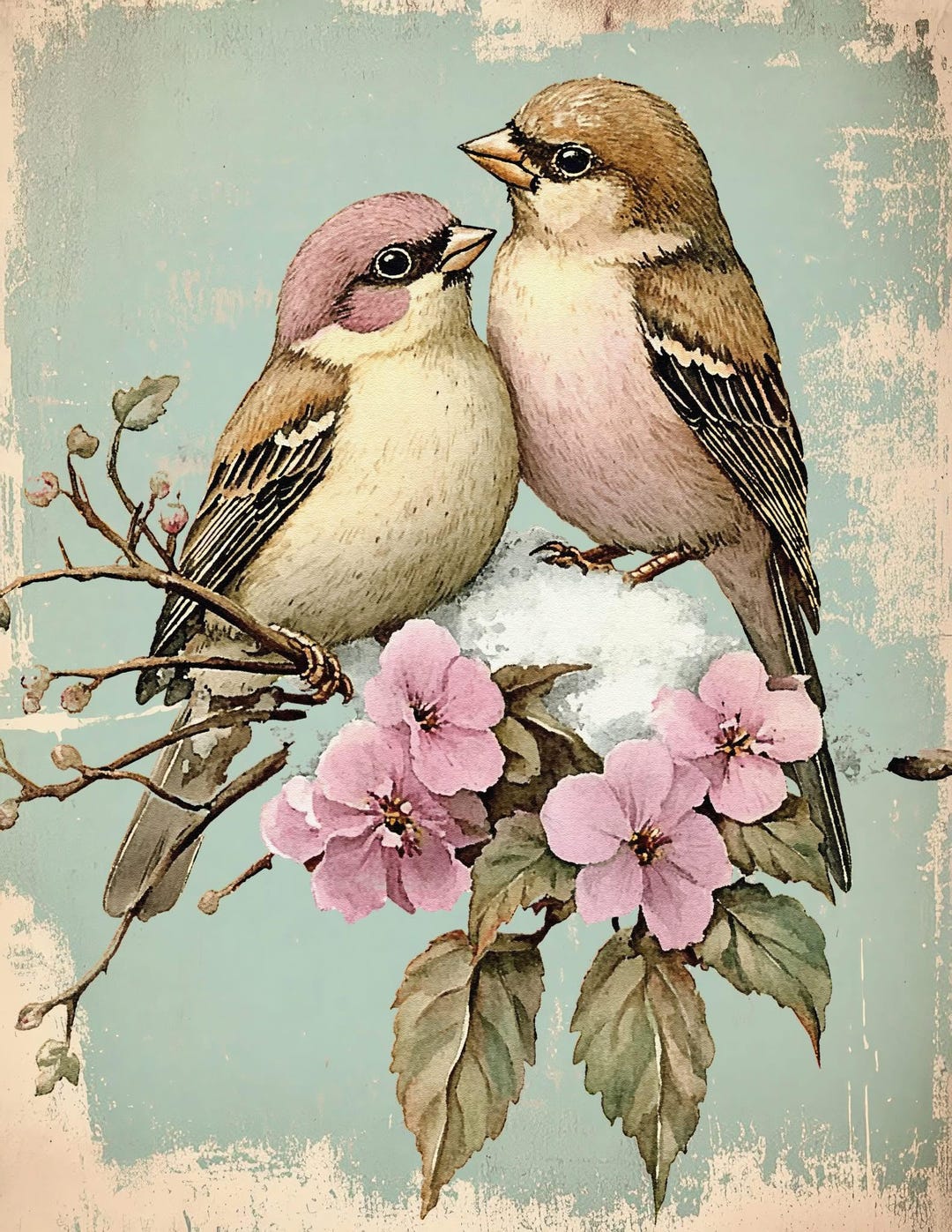 Vintage Shabby Chic Spring Robins in the Trees 8x10 Craft Cotton Fabric ...