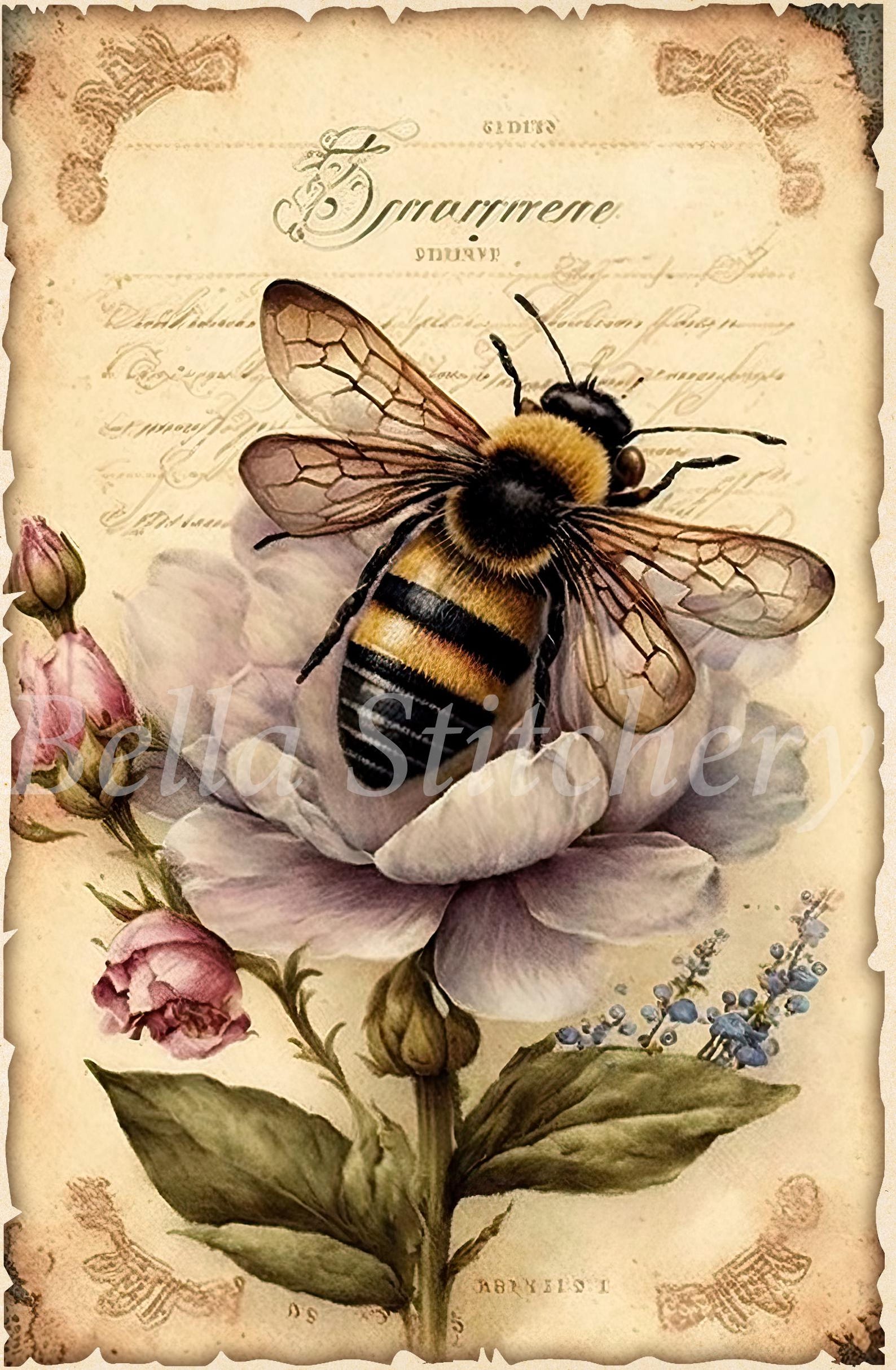 Vintage Shabby Chic Style 7x10 Inch Bee & Floral Ephemera Collage #1 ...