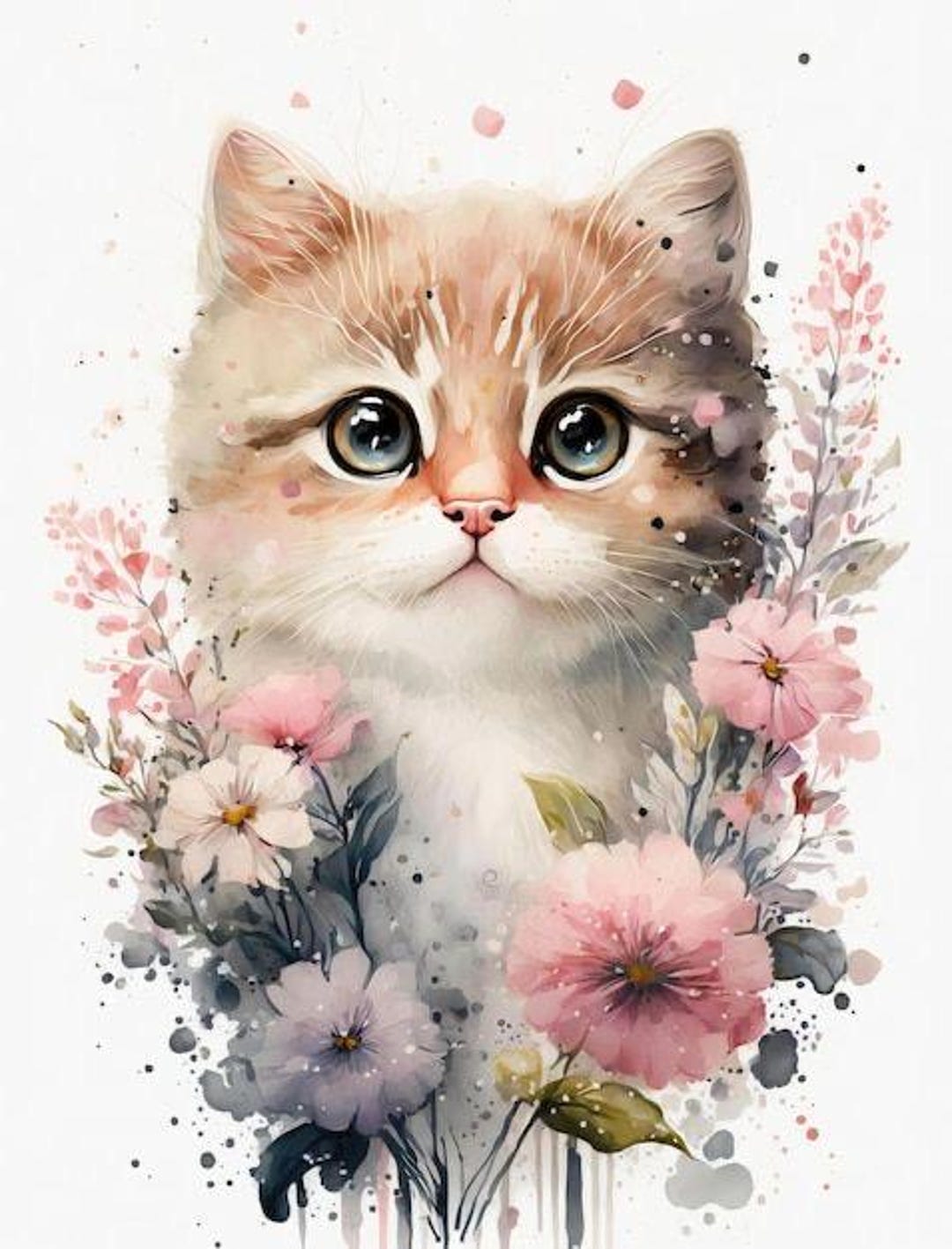 Cottage Shabby Chic Watercolor Cats & Flowers #8 Cotton Fabrics Block ...