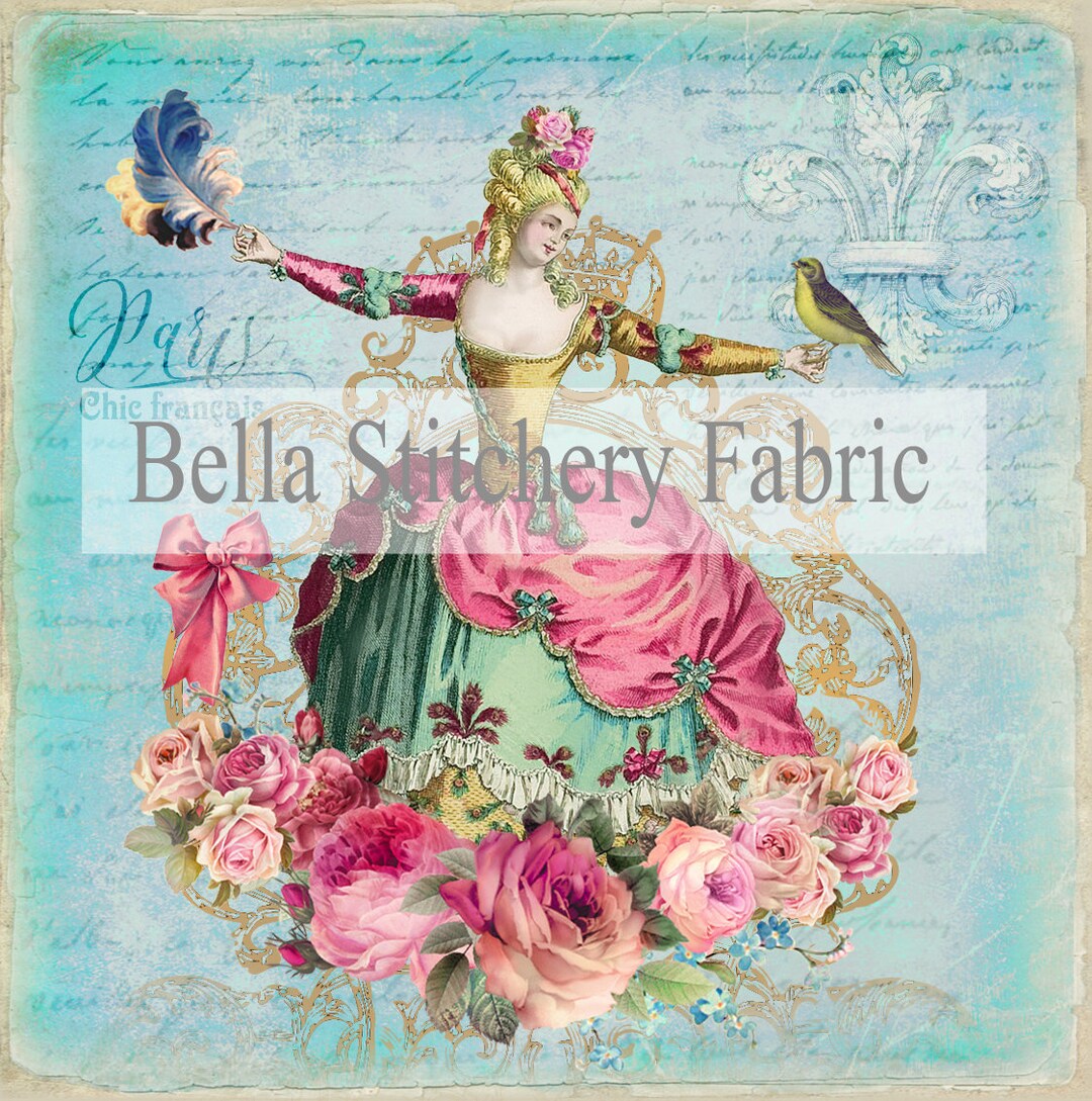 Shabby Chic Marie Antoinette With Plume - 8x8 Craft Cotton Fabric Block ...