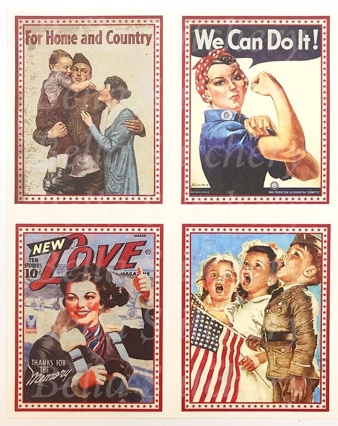 4 Vintage Patriotic Collage USA Flag Handmade STICKERS - Just Cut & Use ...