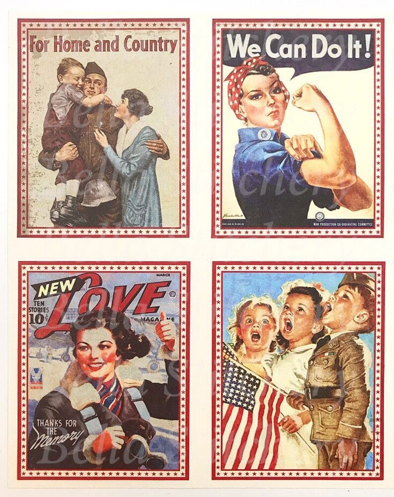 4 Vintage Patriotic Collage USA Flag Handmade STICKERS - Just Cut & Use ...