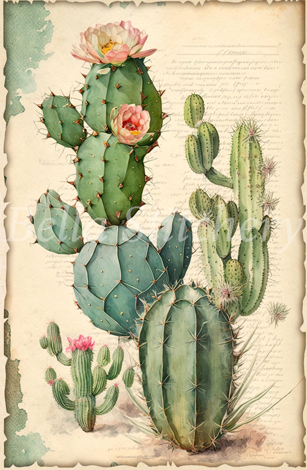 Handmade 7x10 Cactus and Succulents Ephemera Collage #2 - Cotton Fabric ...
