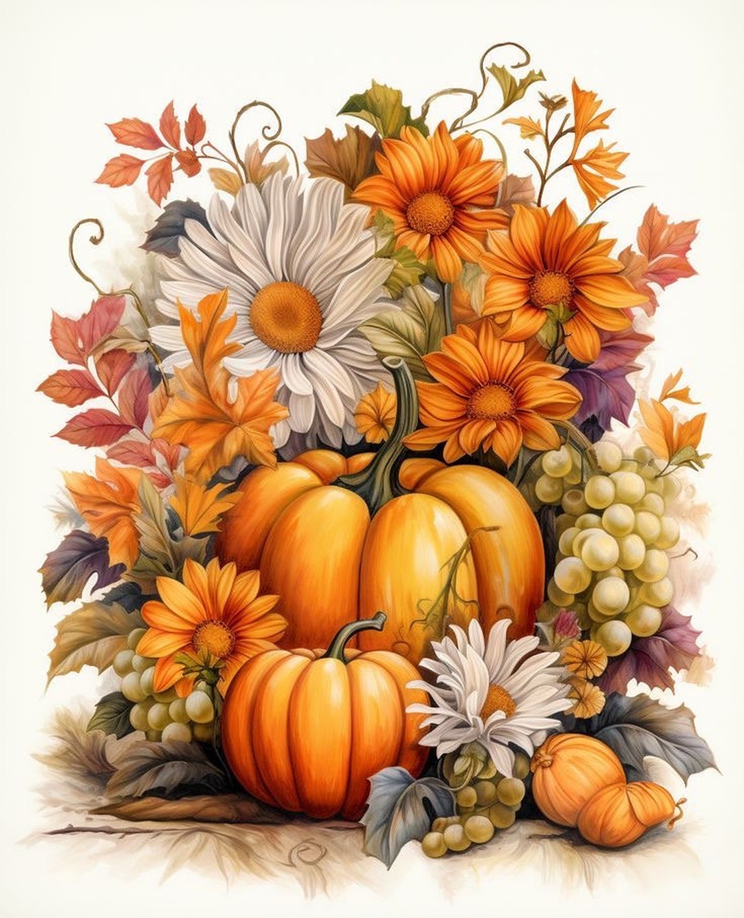 Shabby Chic Pumpkins W. Fall Daisies Halloween 8x10 Cotton Fabric Block ...