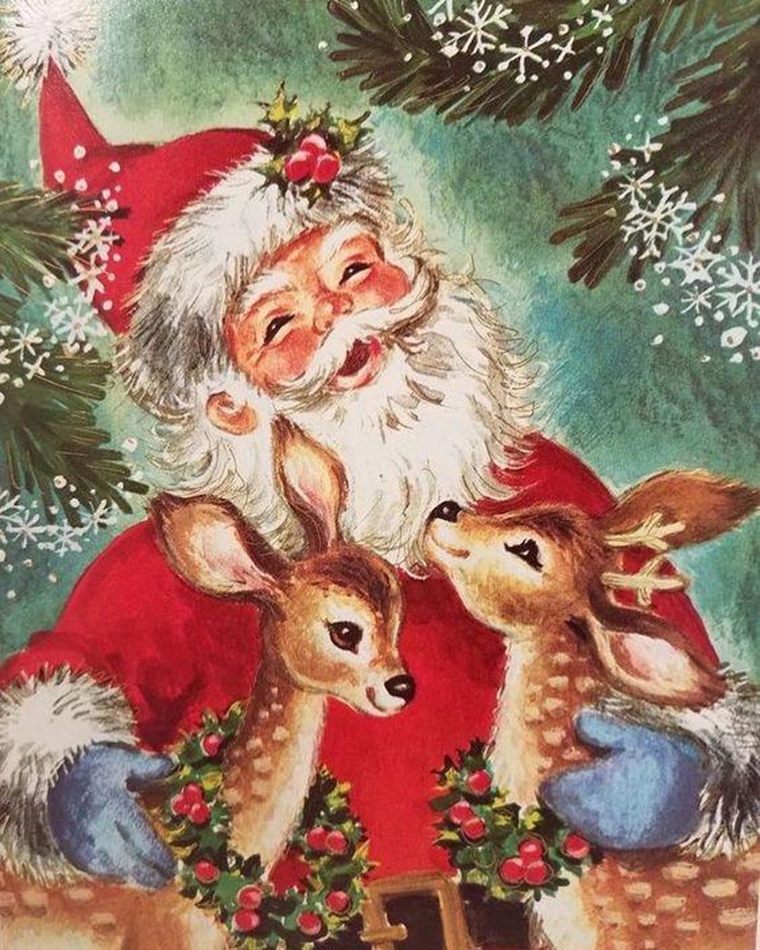 Set of TWO 5x7 Vintage Retro Santa & Deer Christmas Craft Quilting ...