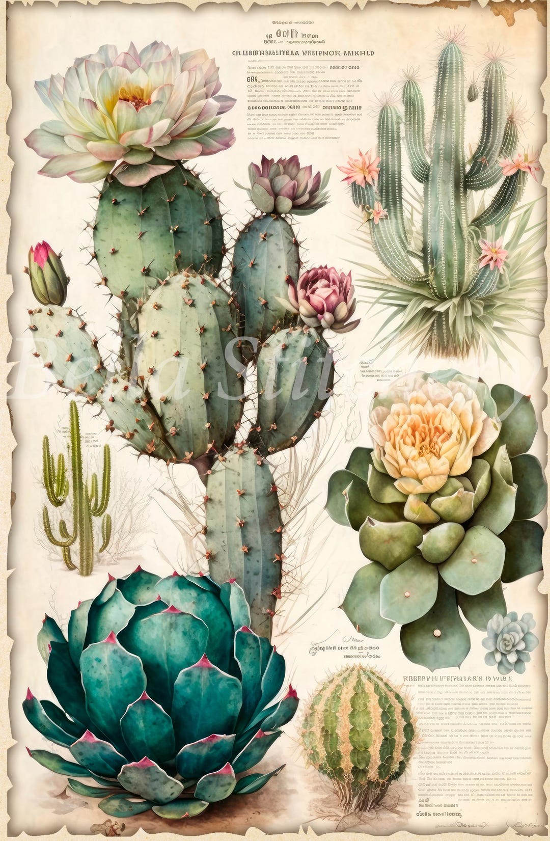Handmade 7x10 Cactus and Succulents Ephemera Collage #6 - Cotton Fabric ...