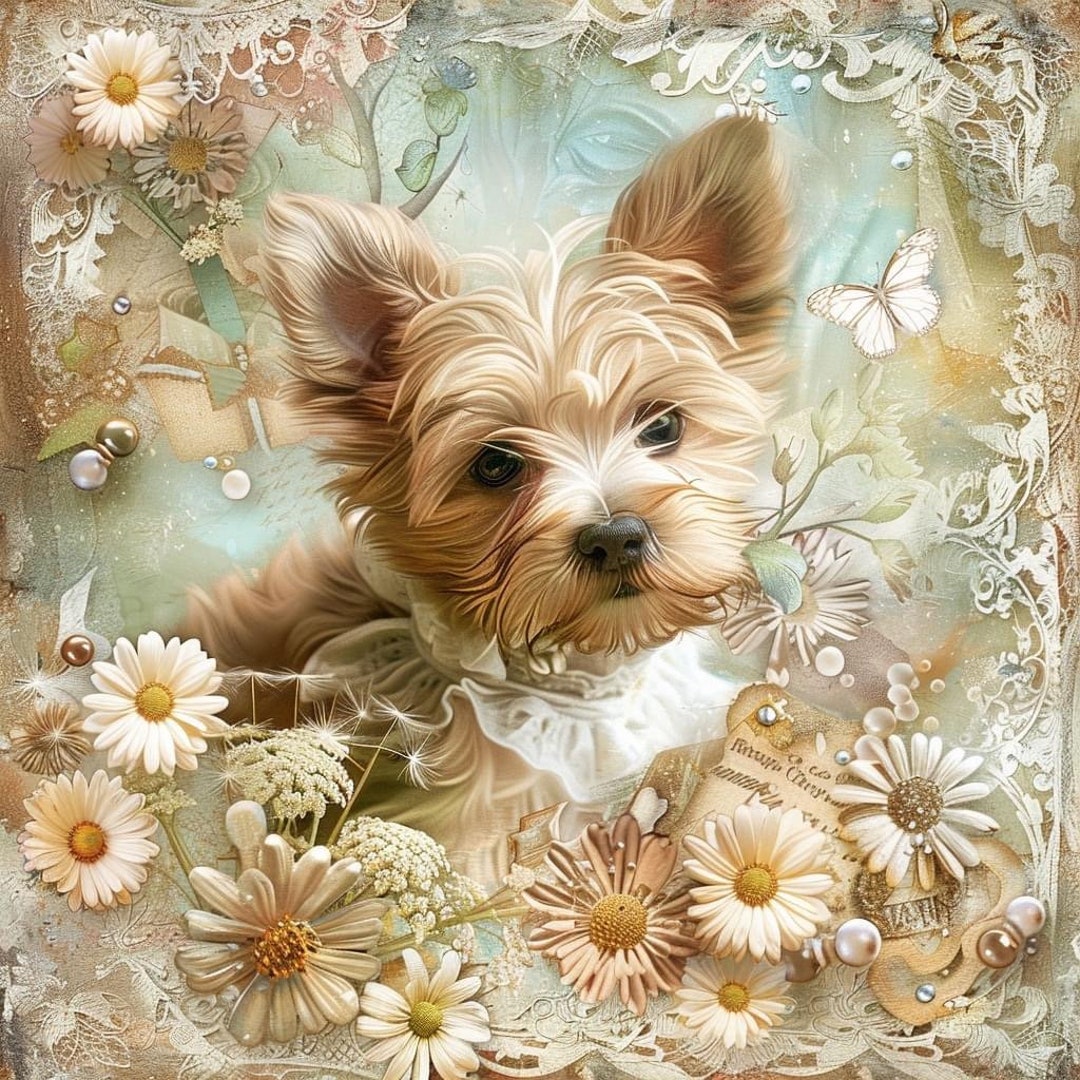 Shabby Chic Yorkie Puppy & Daisies -8x8 Craft Cotton Fabric Block - Etsy