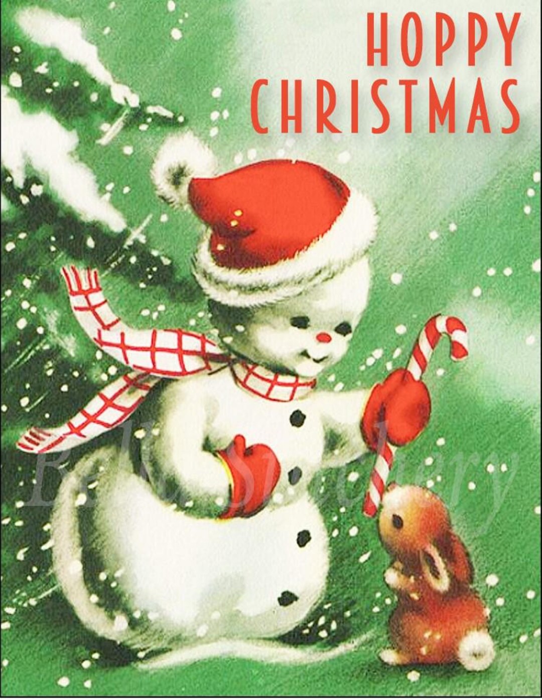 TWO 4x6 Retro Vintage HOPPY CHRISTMAS Snowman & Bunny Cotton Fabric ...