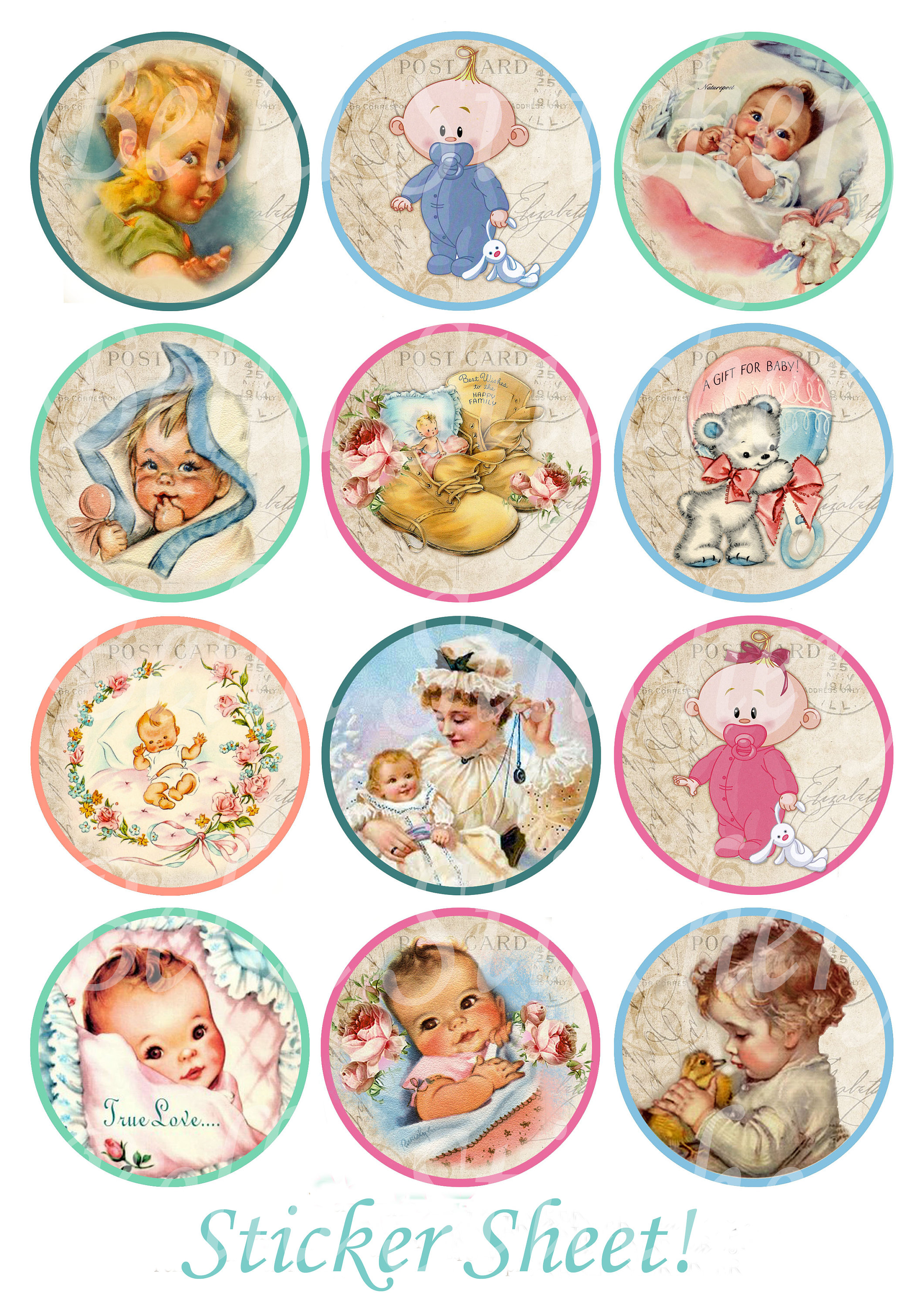 Set of 12 Vintage Retro Baby Circle Collage Ephemera STICKERS - Just ...