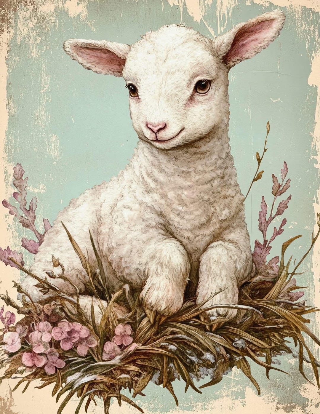 Vintage Shabby Chic Spring Lamb W. Flowers 8x10 Craft Cotton Fabric ...