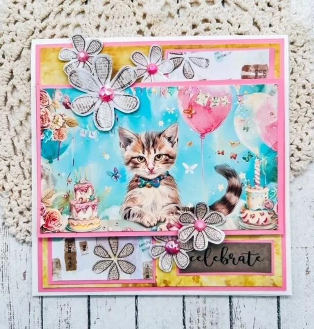 Handmade Happy Birthday CELEBRATE Kitty Cat W. Cake & Flowers Greeting ...