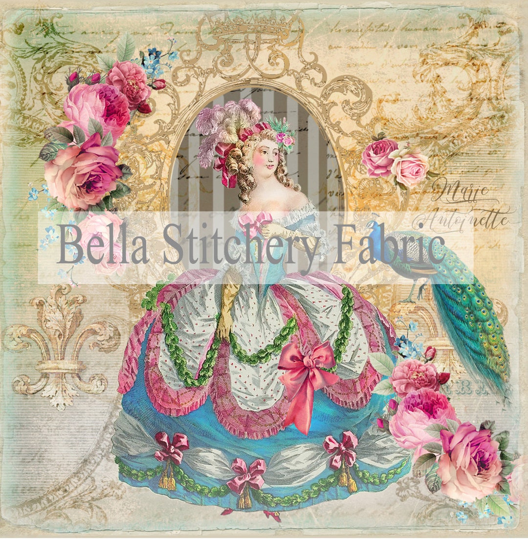 Shabby Chic Marie Antoinette With Peacock - 8x8 Craft Cotton Fabric ...