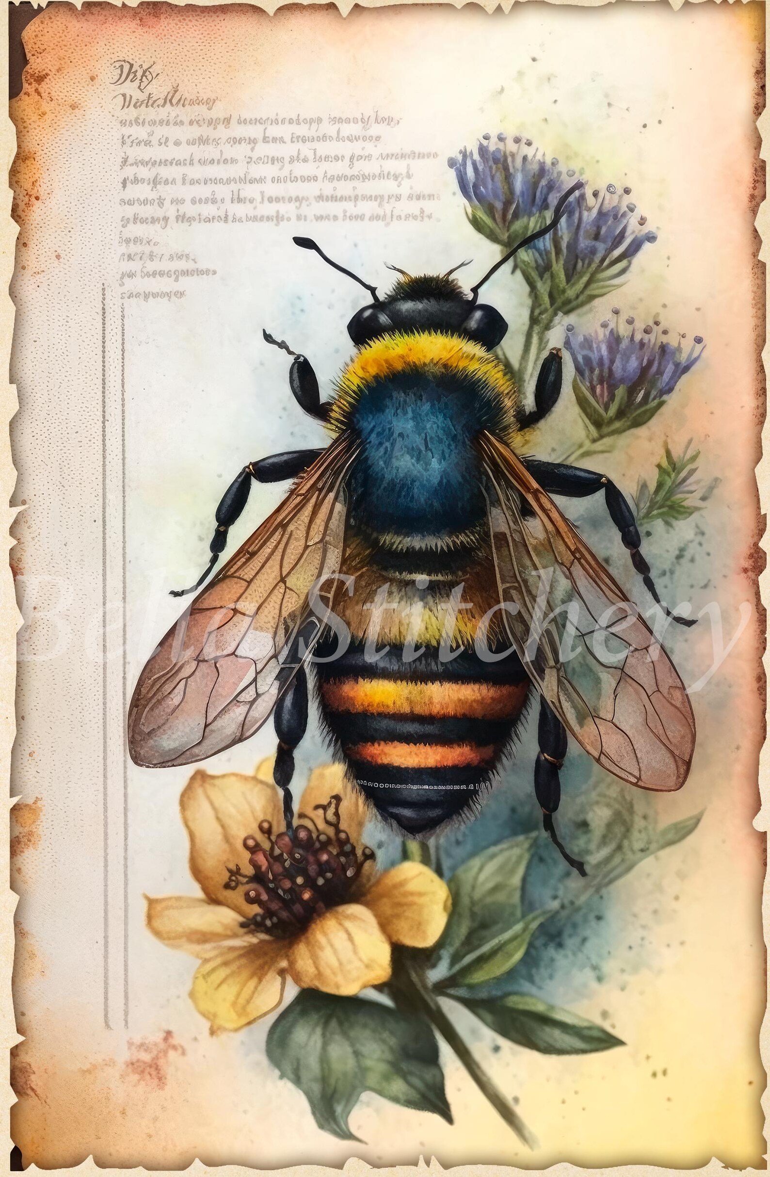 Vintage Shabby Chic Style 7x10 Inch Bee & Floral Ephemera Collage #2 ...