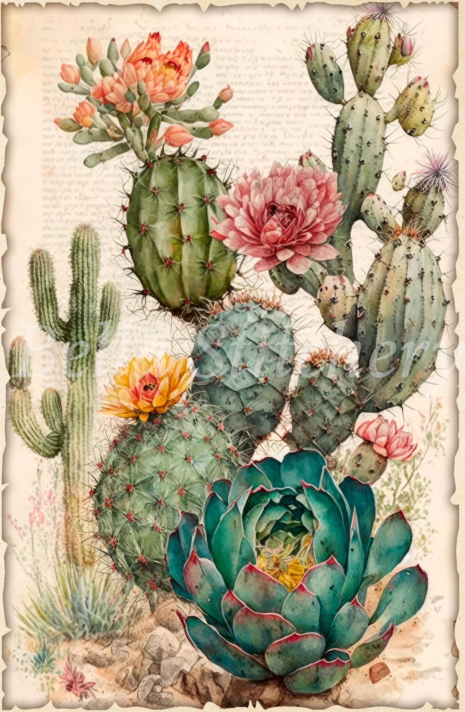 Handmade 7x10 Cactus and Succulents Ephemera Collage #1 - Cotton Fabric ...