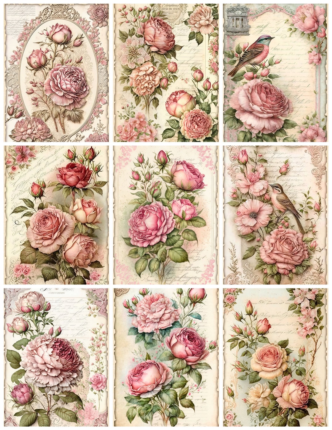 Set of NINE 2.3x3 Watercolor Shabby Chic Garden Roses #2 Cotton FABRIC ...