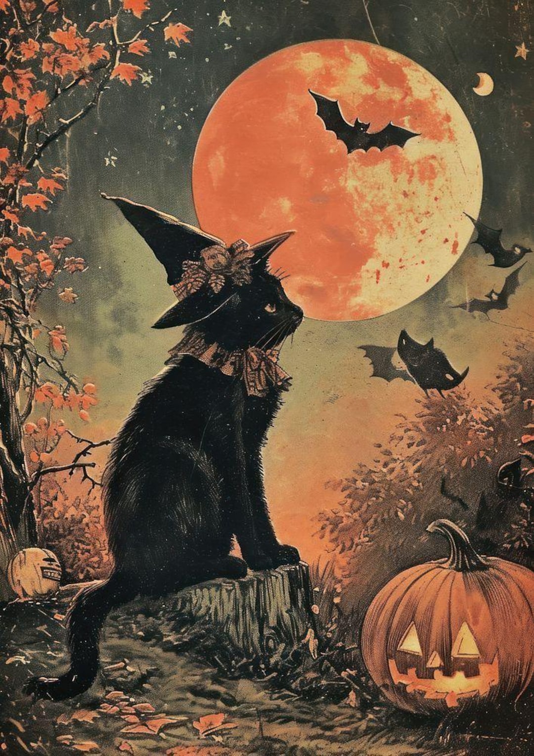 Handmade Retro Vintage Halloween Black Cat Witch in the Moonlight ...