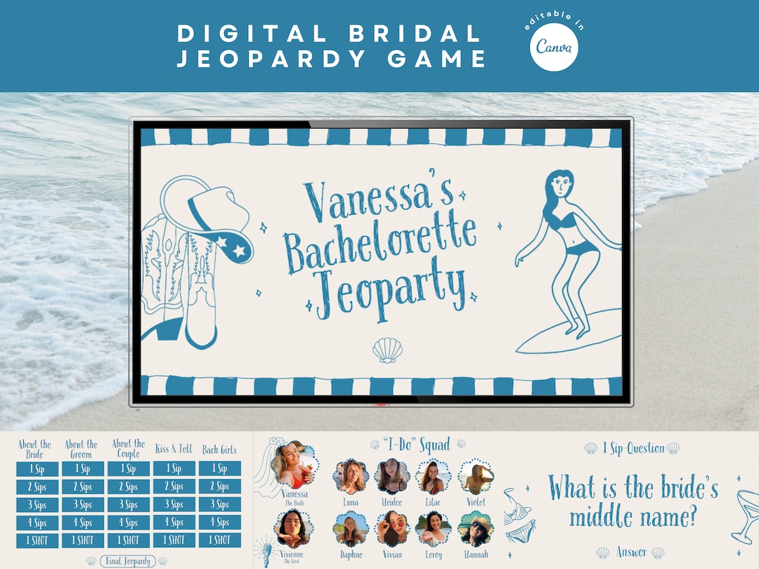 Coastal Cowgirl Bachelorette Jeopardy Canva Template Beach Bachelorette ...