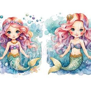 Mermaid Clipart Bundle Mermaid PNG Watercolor Cute Whimsical Mermaid ...