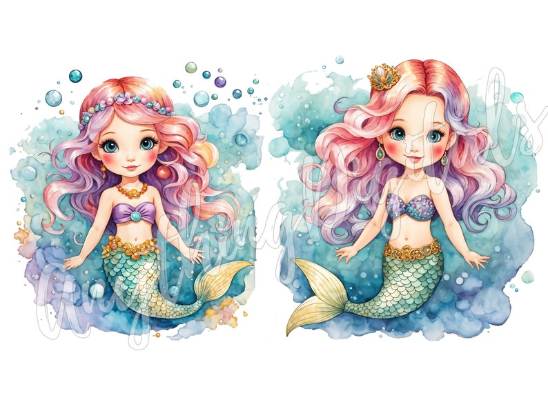 Mermaid Clipart Bundle Mermaid PNG Watercolor Cute Whimsical Mermaid ...