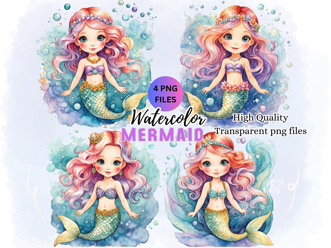 Mermaid Clipart Bundle Mermaid PNG Watercolor Cute Whimsical Mermaid ...
